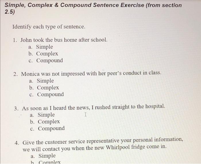 Simple, Complex & Compound Sentence Exercise (from | Chegg.com