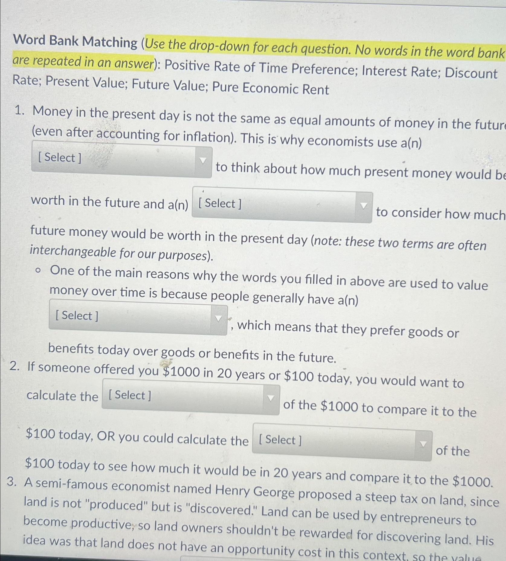 Word Bank Matching (Use the drop-down for each | Chegg.com