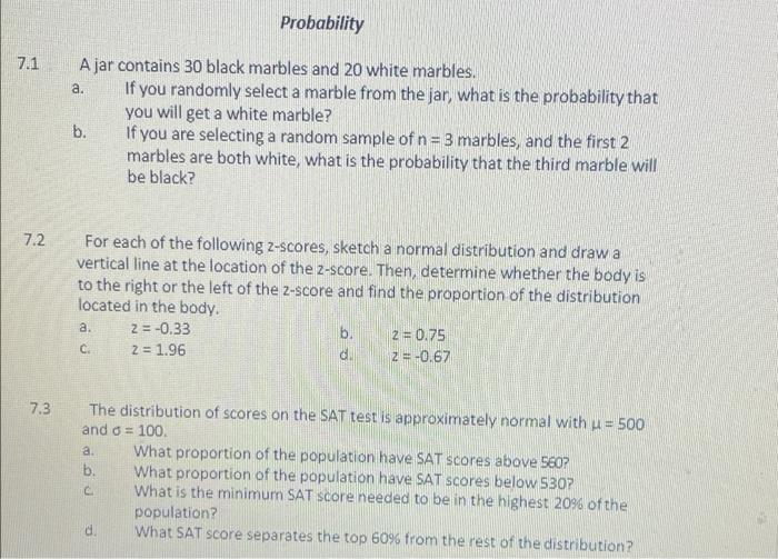 Solved Probability 7.1 a. Ajar contains 30 black marbles and | Chegg.com