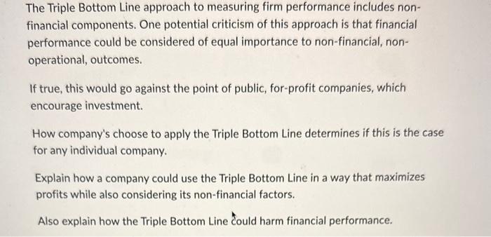 Solved The Triple Bottom Line approach to measuring firm | Chegg.com