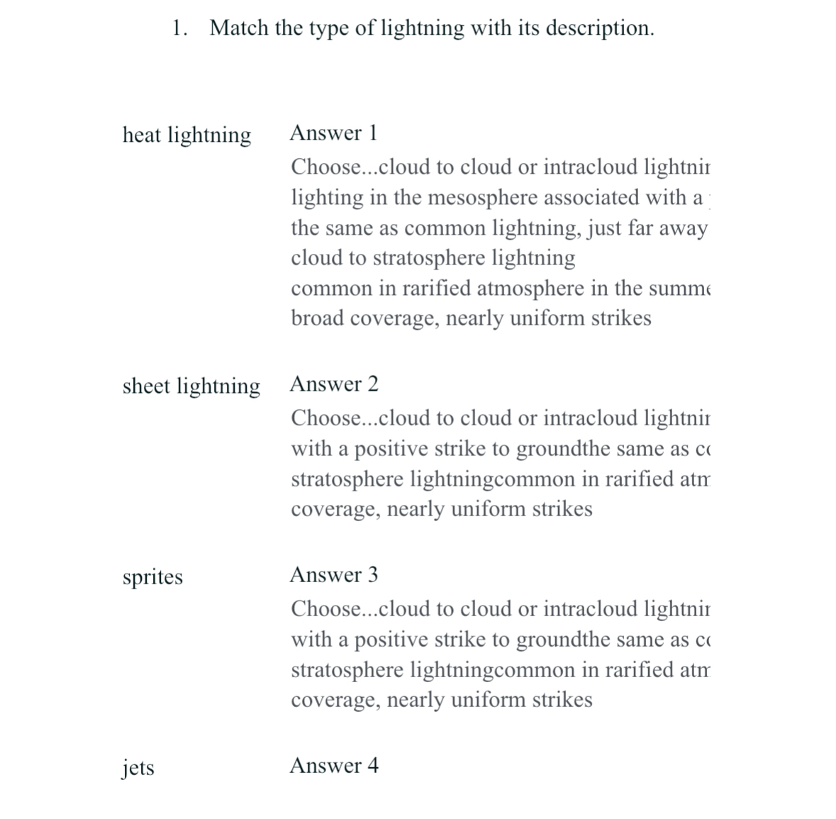 Solved Match the type of lightning with its description.heat | Chegg.com
