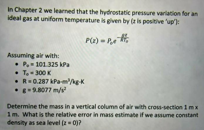 Solved In Chapter 2 we learned that the hydrostatic pressure | Chegg.com