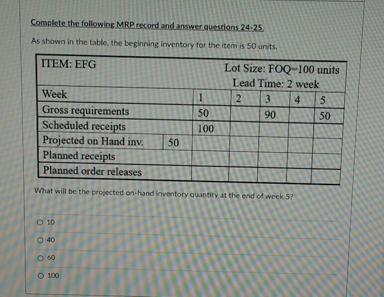 Solved 3 Question 24 1 pts Complete the following MRP record | Chegg.com