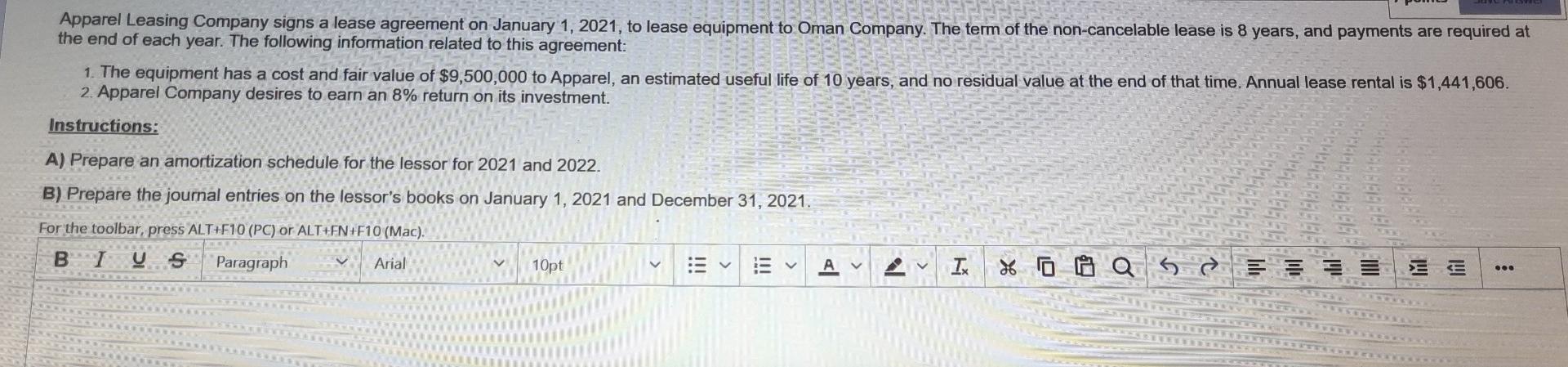 Solved Apparel Leasing Company signs a lease agreement on | Chegg.com