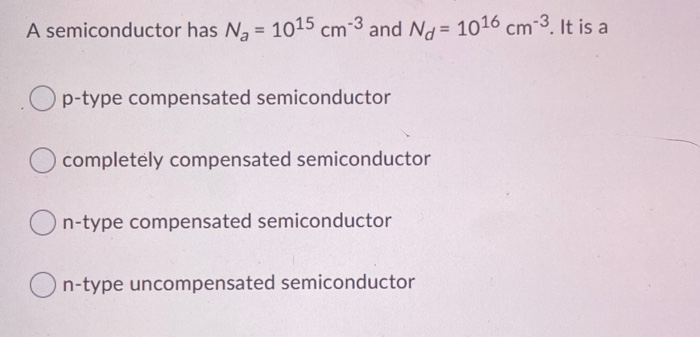 Solved A semiconductor has Ng = 1015 cm-3 and Nd= 1016 cm-3. | Chegg.com