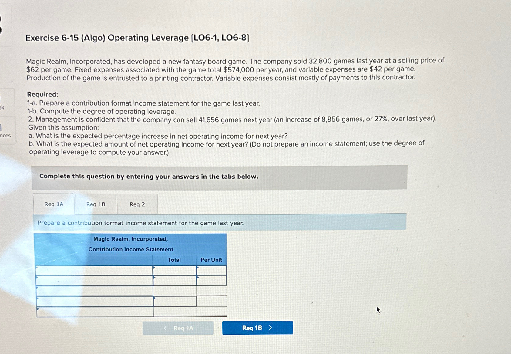 Solved Exercise 6-15 (Algo) ﻿Operating Leverage [LO6-1, | Chegg.com