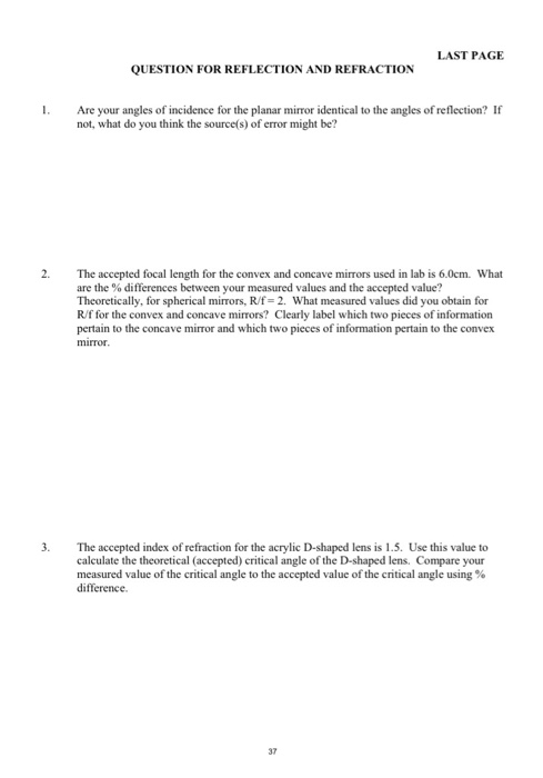 Solved LAST PAGE QUESTION FOR REFLECTION AND REFRACTION 1. | Chegg.com