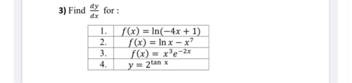 Solved 3) Find for: 1. f(x) = ln(-4x + 1) 2. f(x) = ln x - | Chegg.com