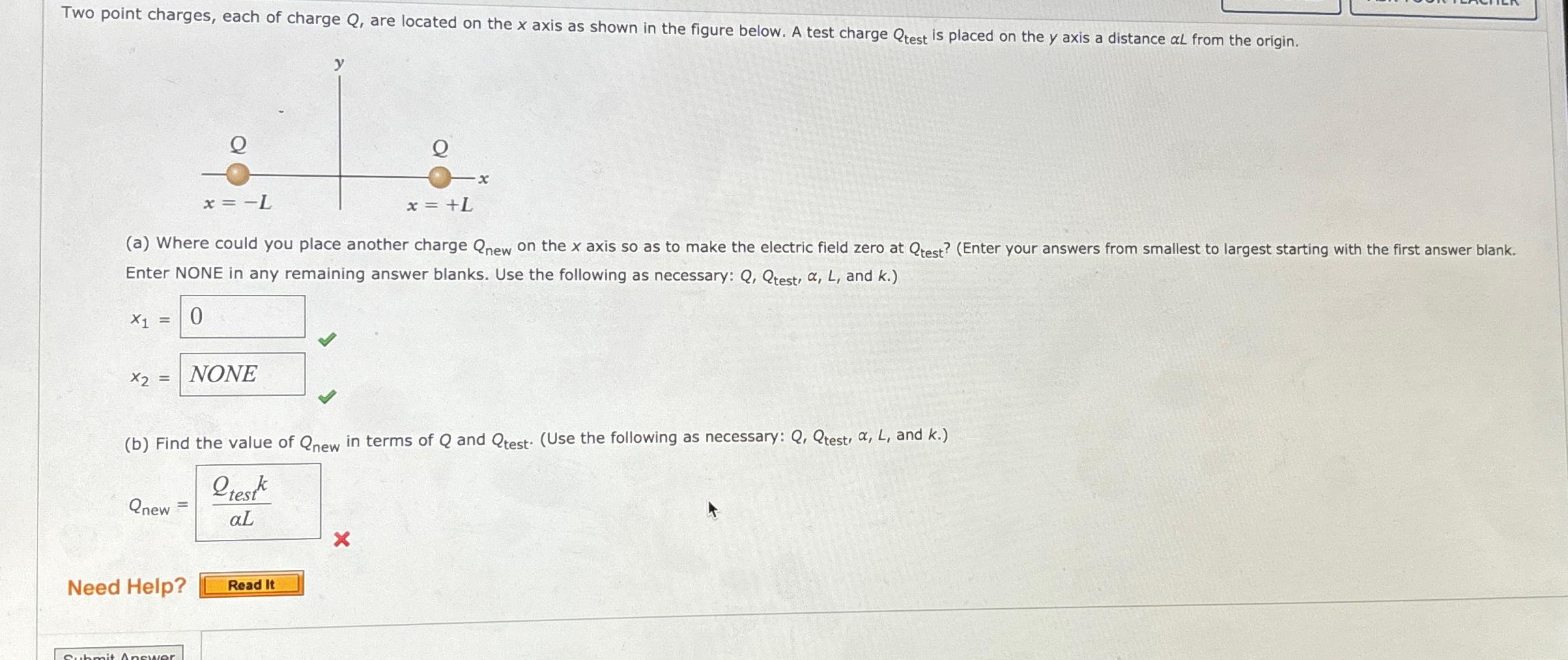 Solved Two point charges, each of charge Q, ﻿are located on | Chegg.com