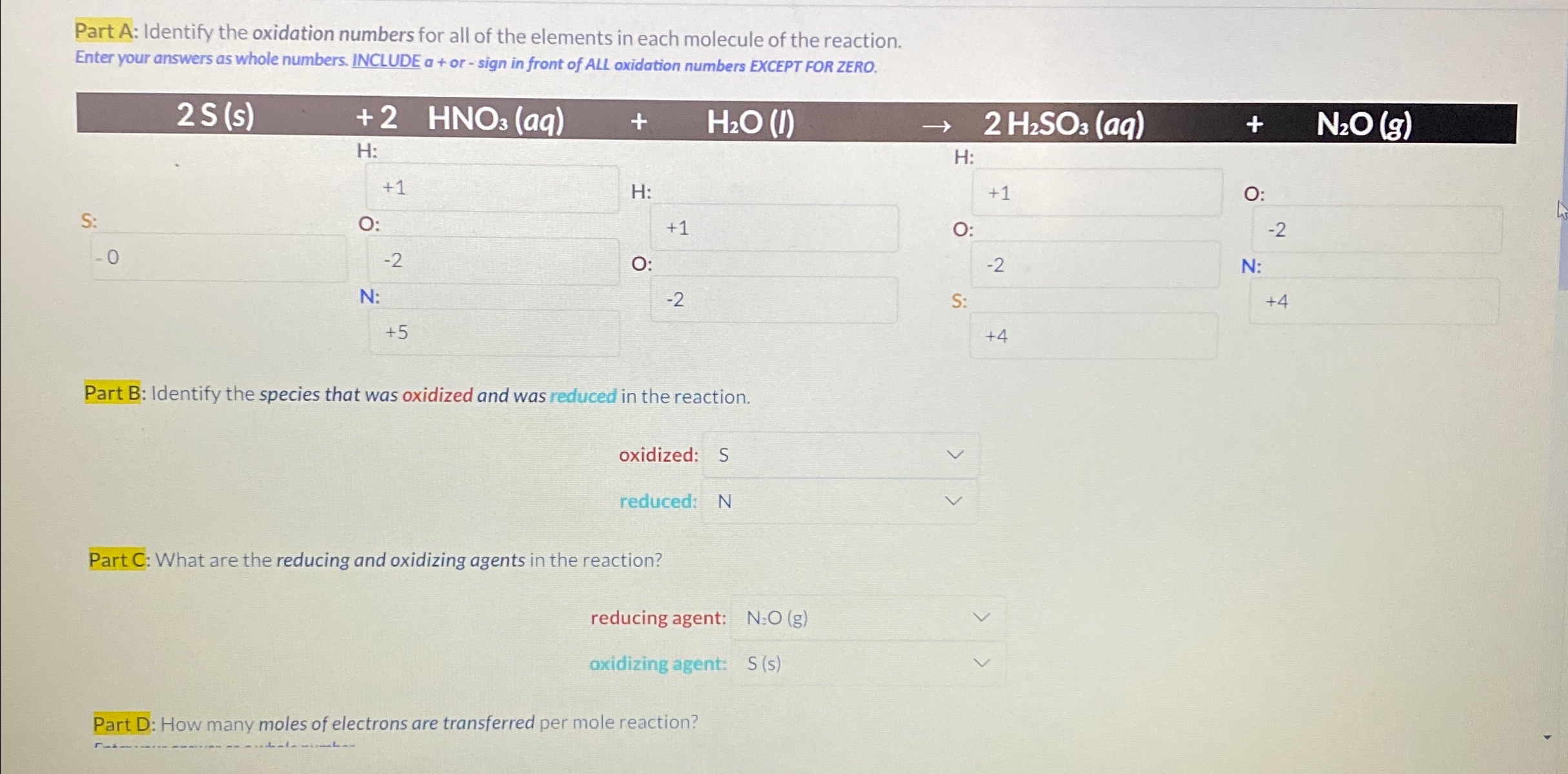 Solved answer A-DPart A: Identify the oxidation numbers for | Chegg.com