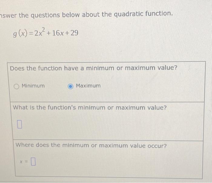 Solved swer the questions below about the quadratic | Chegg.com