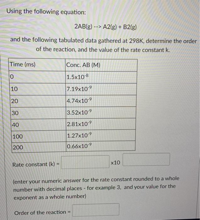Solved Using the following equation: 2AB(g) --> A2(g) + | Chegg.com
