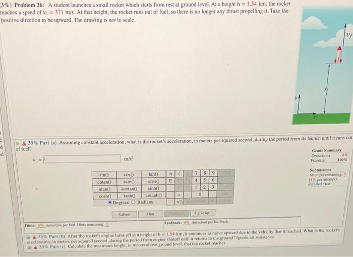 Solved 3\%) Problem 26: A student launches a small rocket | Chegg.com