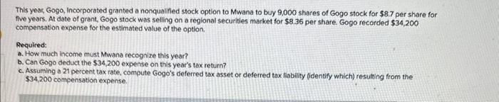 Solved This yeac, Gogo, Incorporated granted a nonqualified | Chegg.com