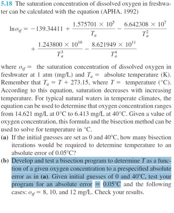 Solved 5.18 The saturation concentration of dissolved oxygen | Chegg.com