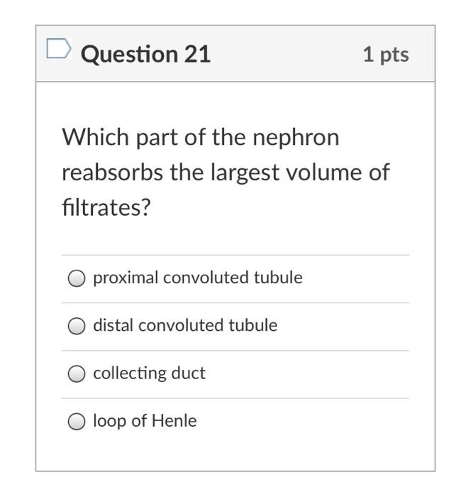 Solved Question 21 1 pts Which part of the nephron reabsorbs | Chegg.com
