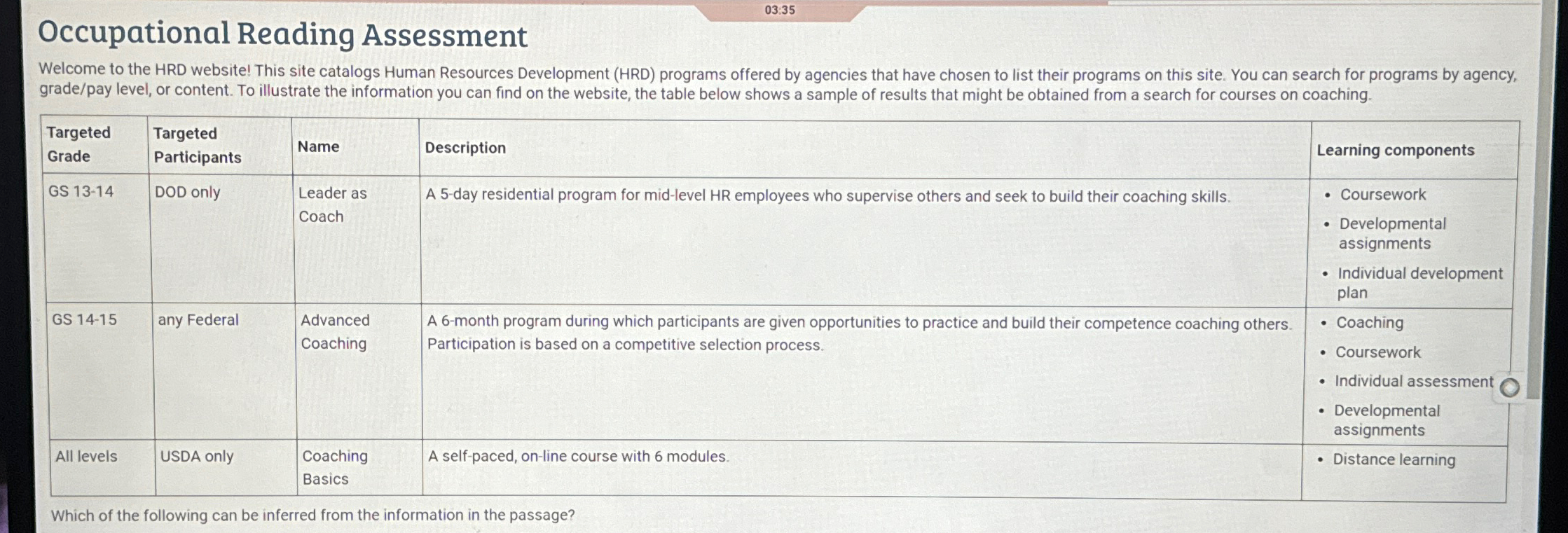 Solved Occupational Reading AssessmentWelcome to the HRD | Chegg.com