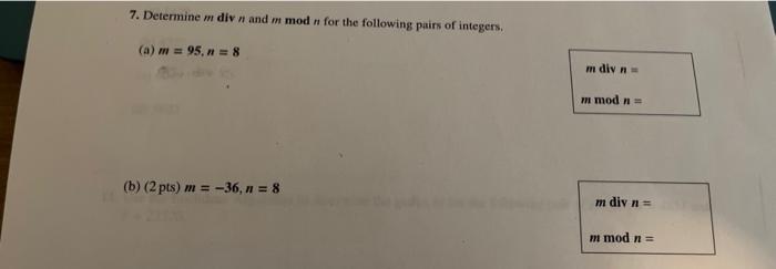 Solved Determine m div n and m mod n for the followinv pairs | Chegg.com