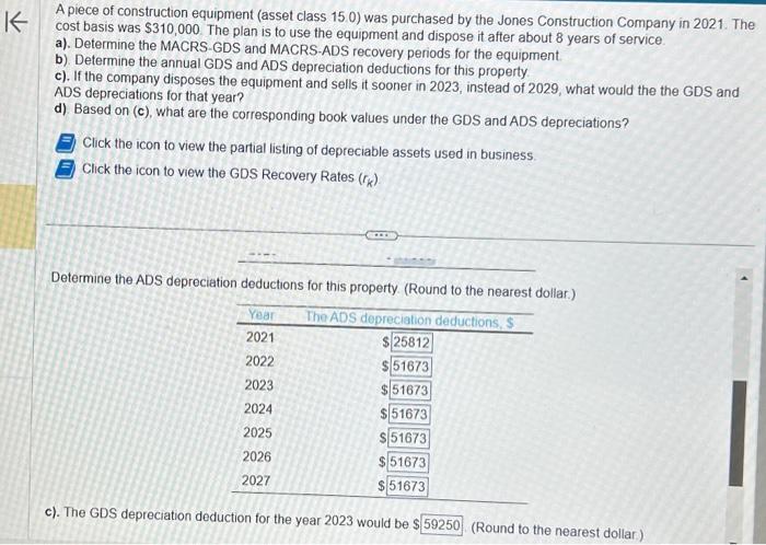 A piece of construction equipment (asset class 15.0 ) | Chegg.com