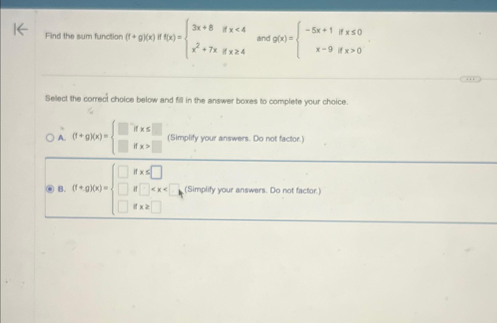 Solved Find the sum function (f+g)(x) ﻿if | Chegg.com