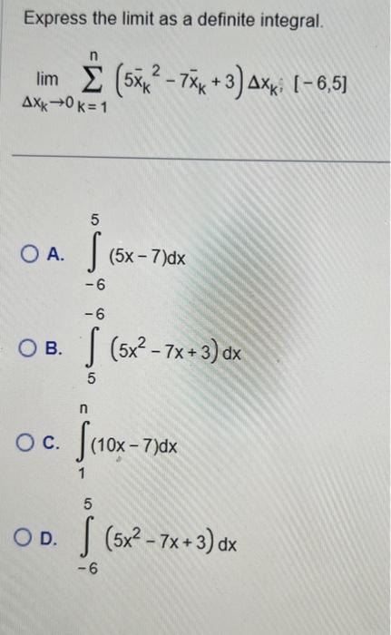 Solved Express the limit as a definite integral. | Chegg.com