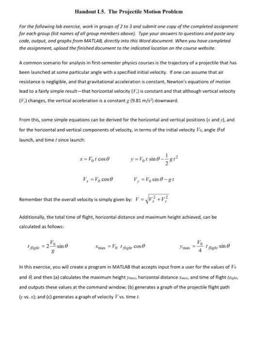 Solved Handout L5. The Projectile Motion Problem For the | Chegg.com