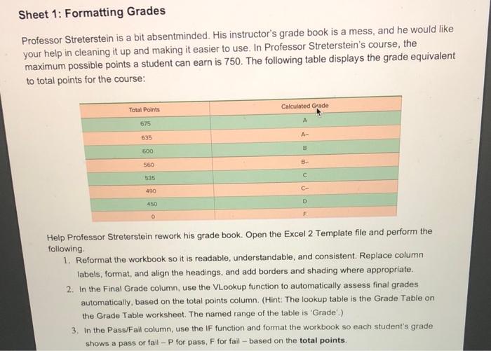 Solved Sheet 1: Formatting Grades Professor Streterstein is | Chegg.com