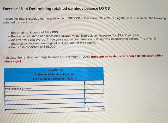 Solved Exercise 13-14 Determining retained earnings balance | Chegg.com