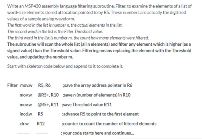 Write an MSP430 assembly language filtering | Chegg.com