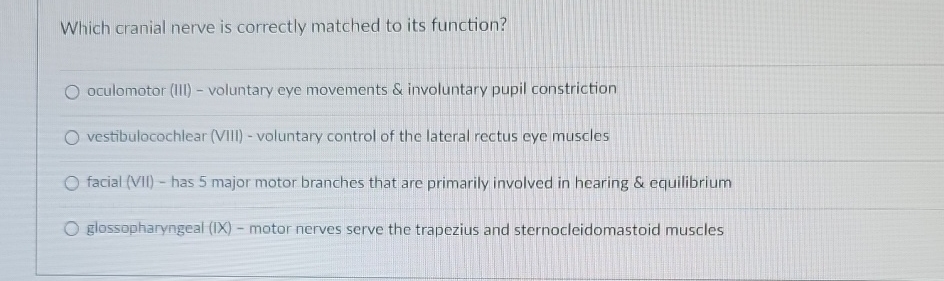Solved Which cranial nerve is correctly matched to its | Chegg.com