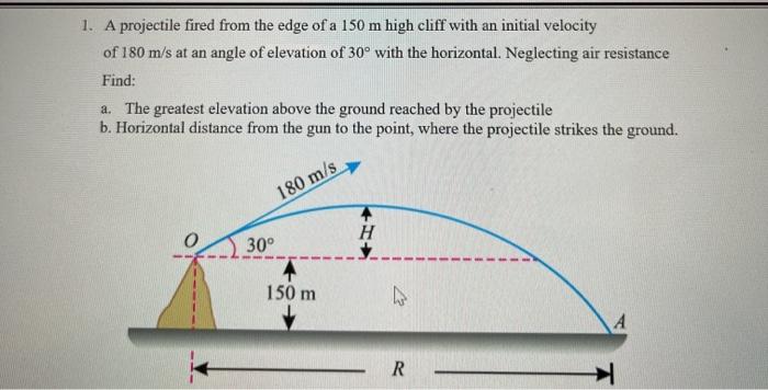 Solved 1. A projectile fired from the edge of a 150 m high | Chegg.com
