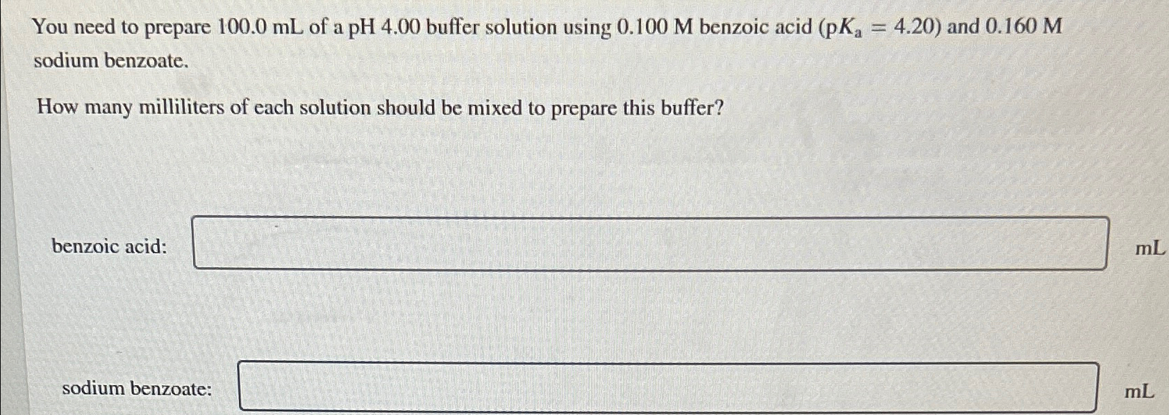 Solved You need to prepare 100.0mL ﻿of a pH 4.00 ﻿buffer | Chegg.com