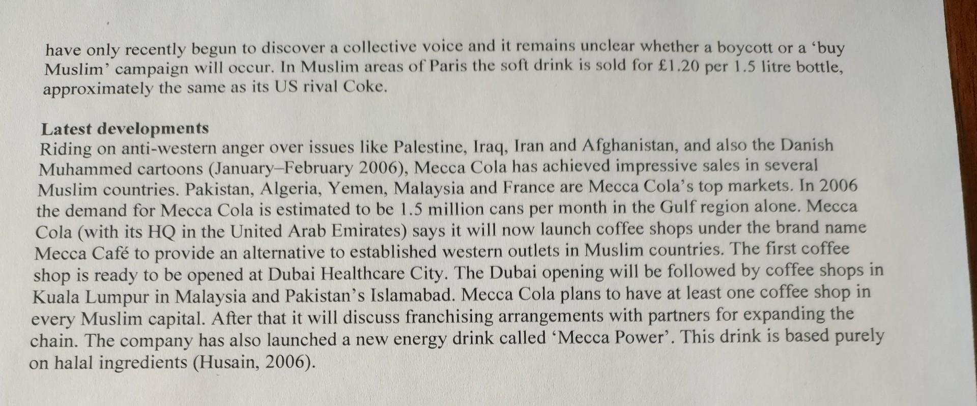 Solved Mecca Cola: Marketing of a 'Muslim' cola to the | Chegg.com