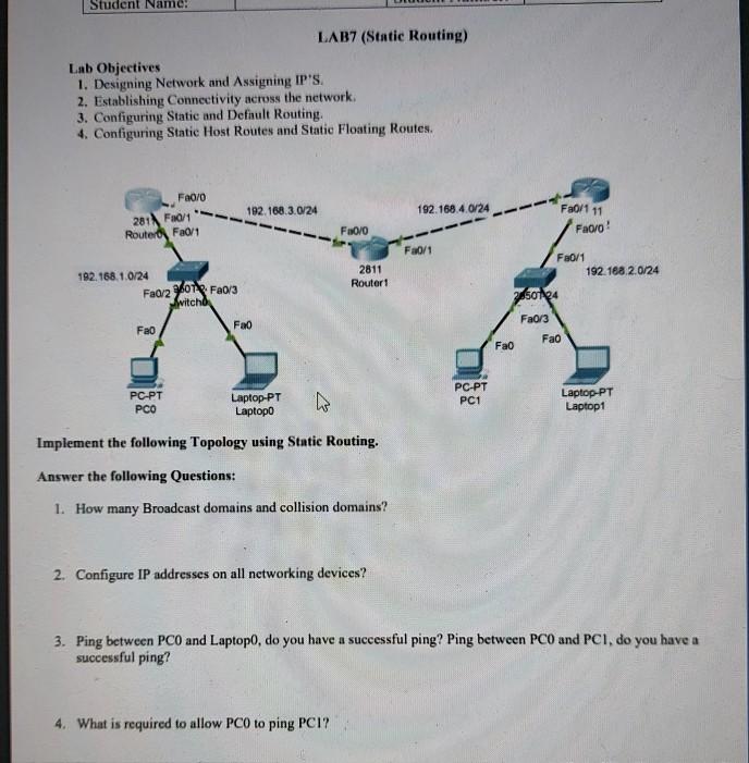 Student Name: LAB7 (Static Routing) Lab Objectives 1. | Chegg.com