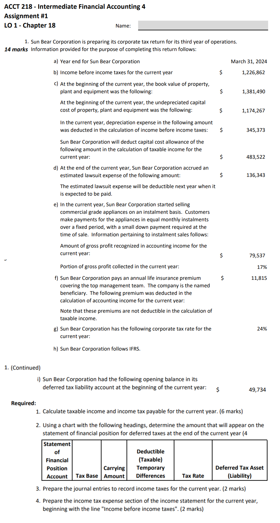 Solved Required:1.Calculate taxable income and income tax | Chegg.com