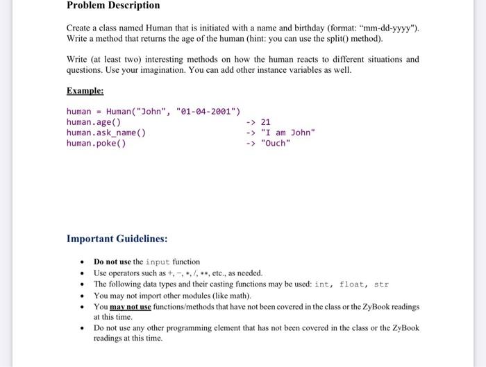 Solved Problem Description Create a class named Human that | Chegg.com