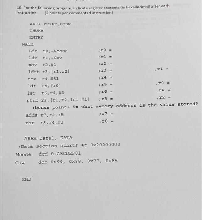Solved 10. For the following program, indicate register | Chegg.com
