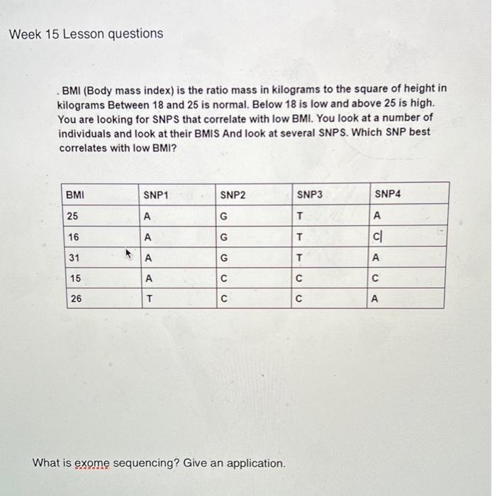 Solved Week 15 Lesson questions BMI (Body mass index) is the | Chegg.com