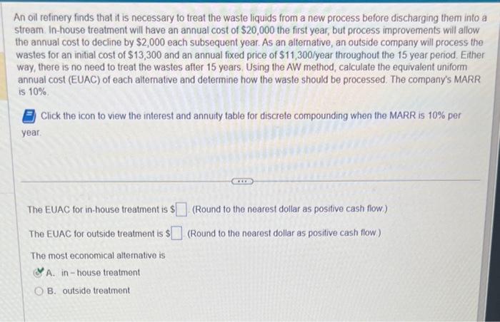 Solved An oil refinery finds that it is necessary to treat | Chegg.com