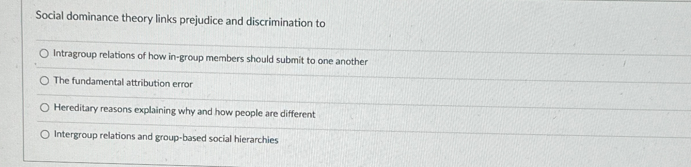 Solved Social dominance theory links prejudice and | Chegg.com