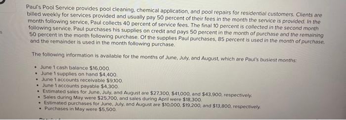 Solved Paul's Pool Service provides pool cleaning, chemical | Chegg.com