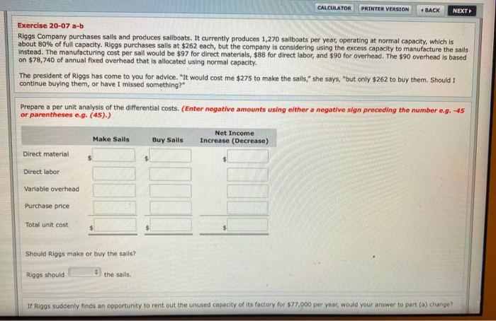 Solved CALCULATOR PRINTER VERSION BACK NEXT Exercise 20-07 | Chegg.com