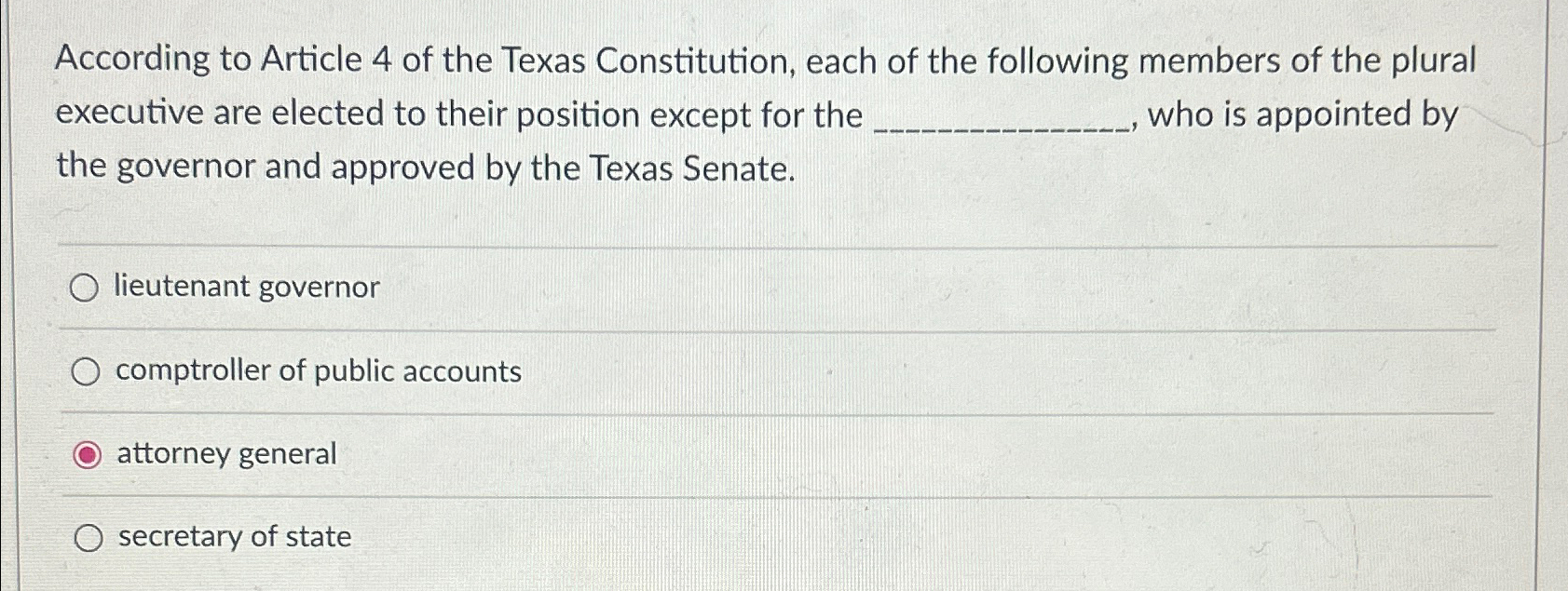 Solved According to Article 4 ﻿of the Texas Constitution, | Chegg.com