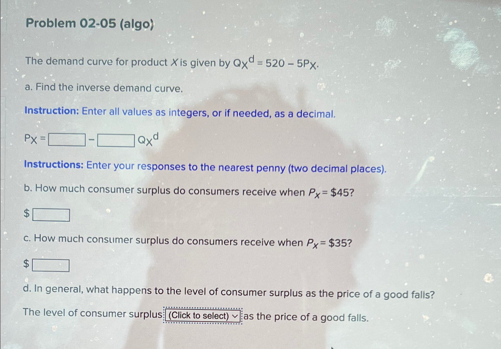 Solved Problem 02-05 (algo)The demand curve for product x | Chegg.com