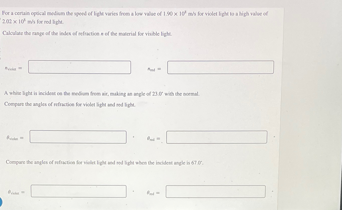 Solved For a certain optical medium the speed of light | Chegg.com
