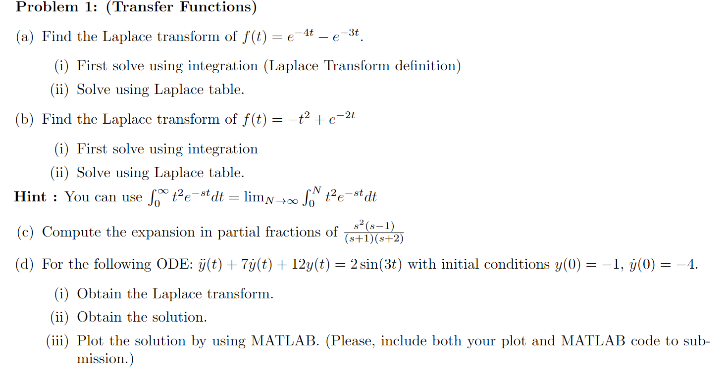 Solved Problem 1: (Transfer Functions)(a) ﻿Find the Laplace | Chegg.com