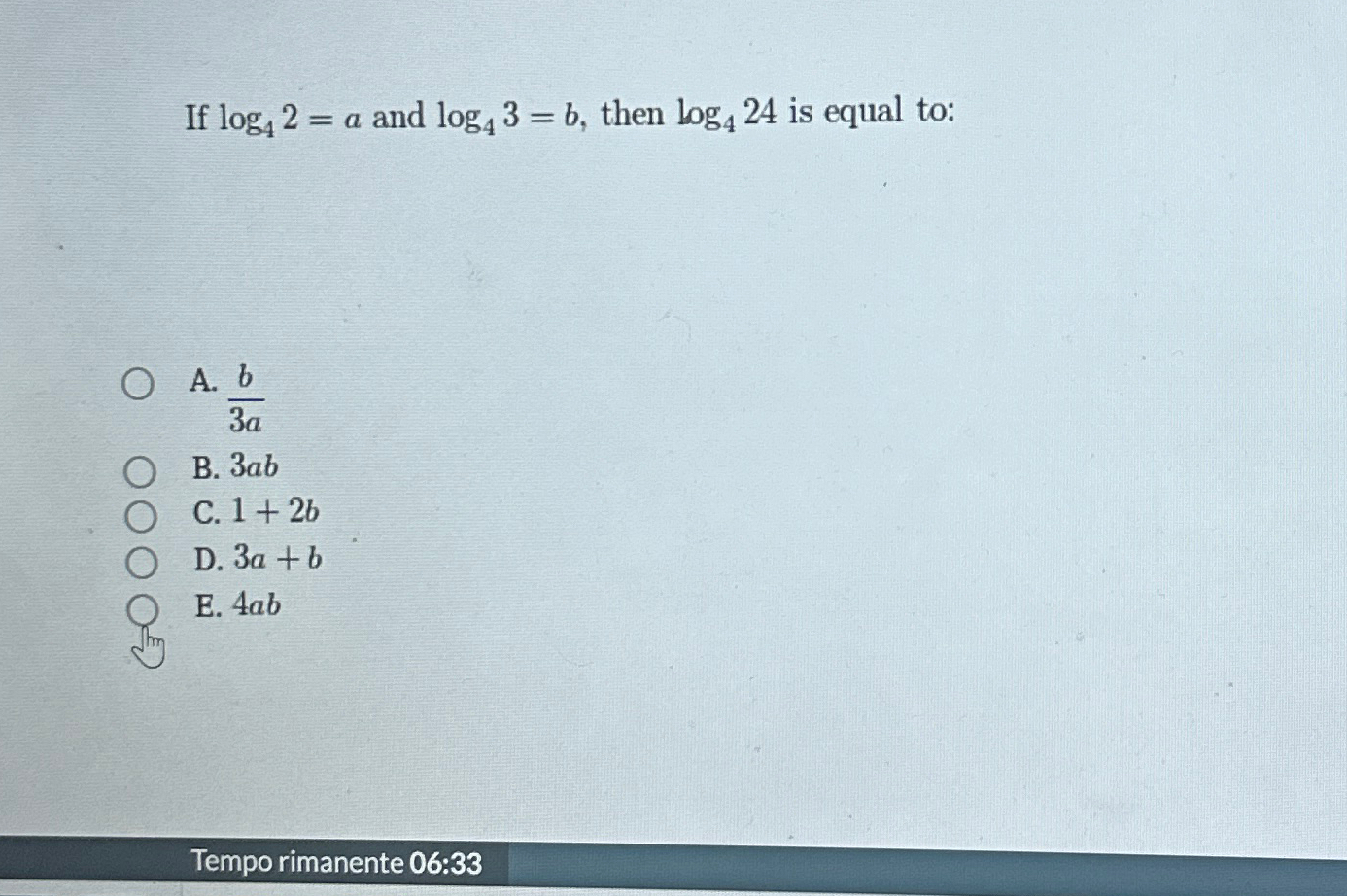 Solved If log42=a and log43=b, ﻿then log424 ﻿is equal | Chegg.com