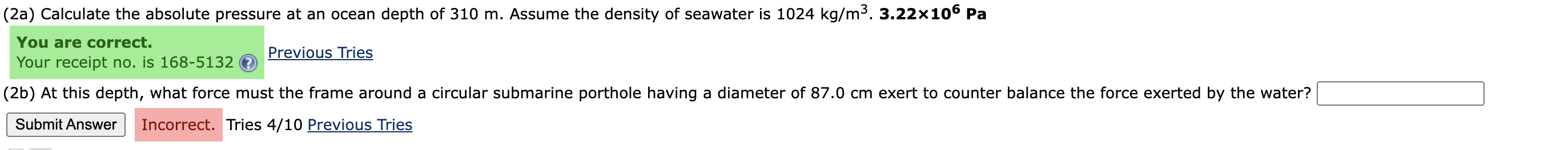 Solved (2a) ﻿Calculate the absolute pressure at an ocean | Chegg.com