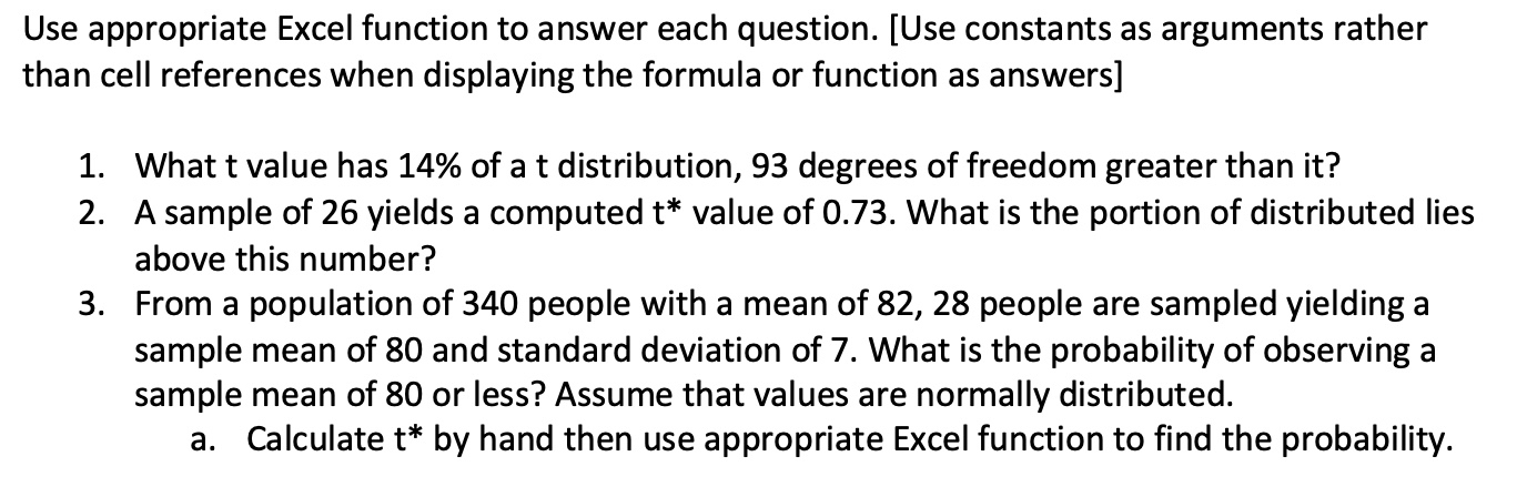 Solved Use appropriate Excel function to answer each | Chegg.com