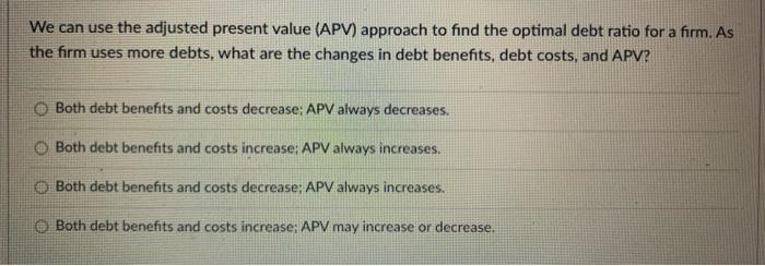 Solved We can use the adjusted present value (APV) approach | Chegg.com